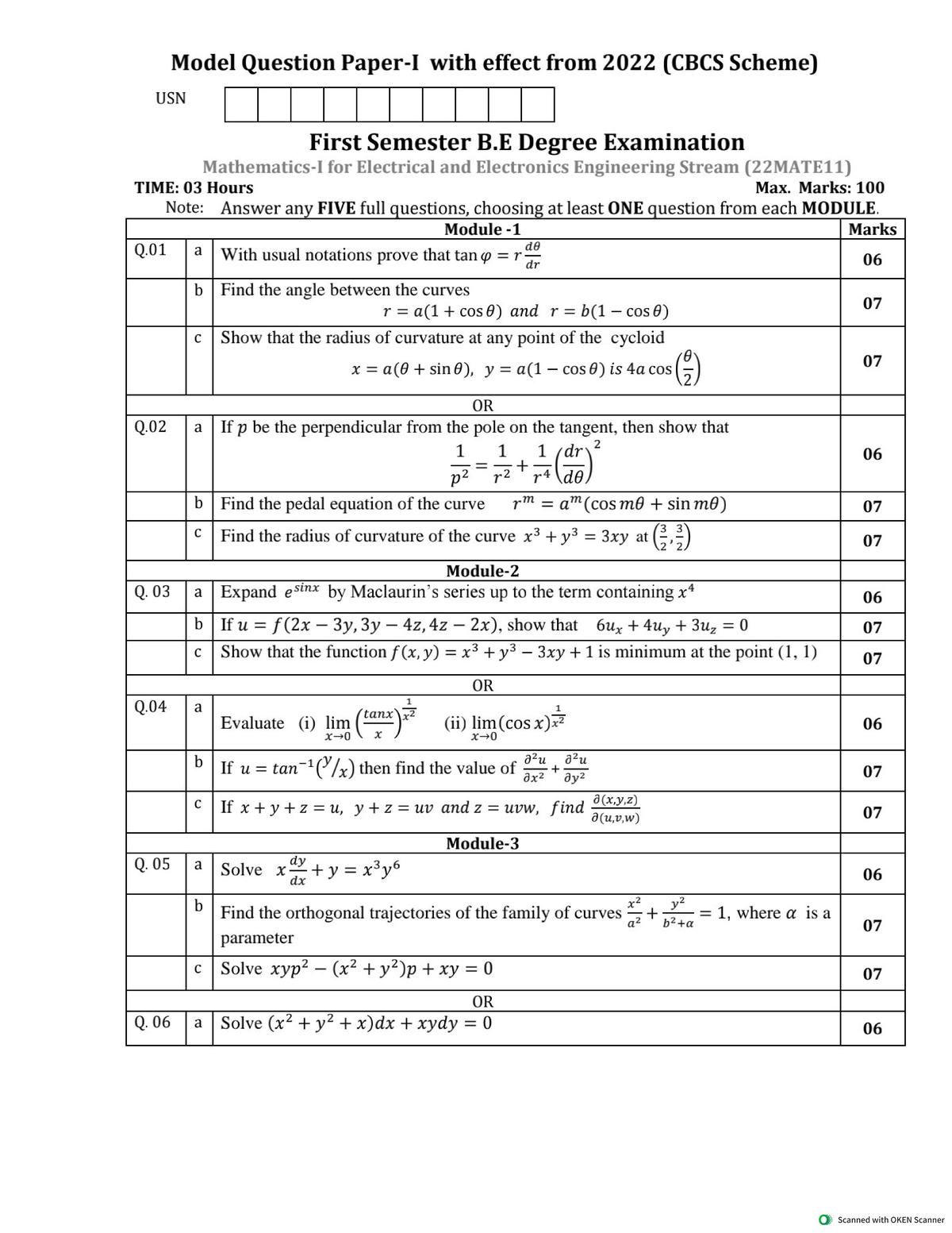 22MATE11set1(3) - Engineering mathematics - Studocu