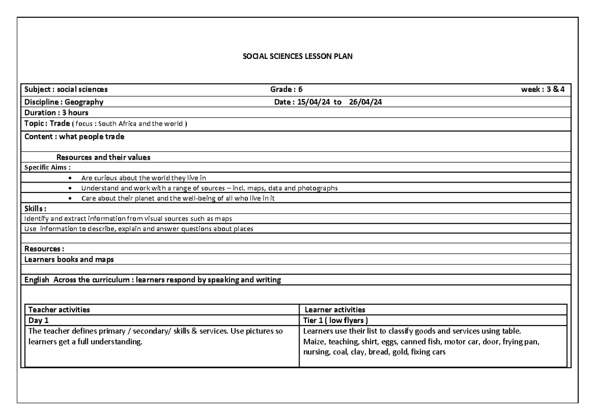 Social Sciences Lesson PLAN WEEK 3-4 - SOCIAL SCIENCES LESSON PLAN ...