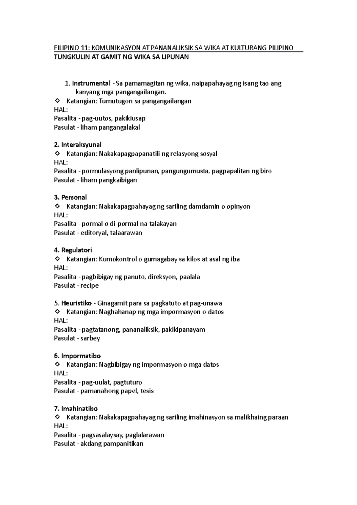 Gamit ng wika - FILIPINO 11: KOMUNIKASYON AT PANANALIKSIK SA WIKA AT ...