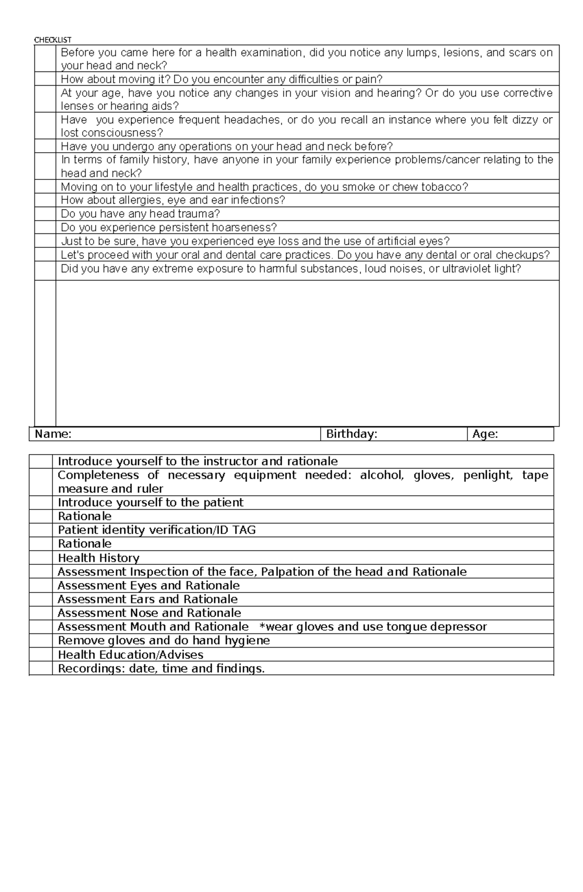 Head and neck check list - CHECKLIST Before you came here for a health ...