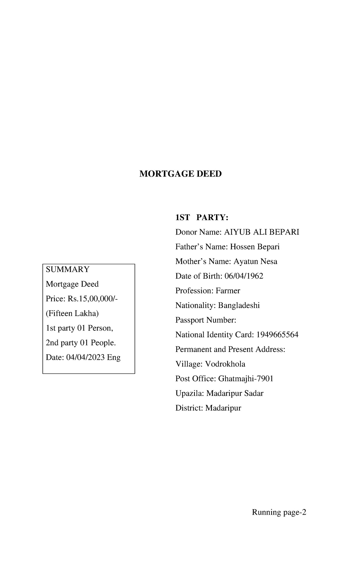 Saidul How - MORTGAGE DEED Running page- SUMMARY Mortgage Deed Price ...