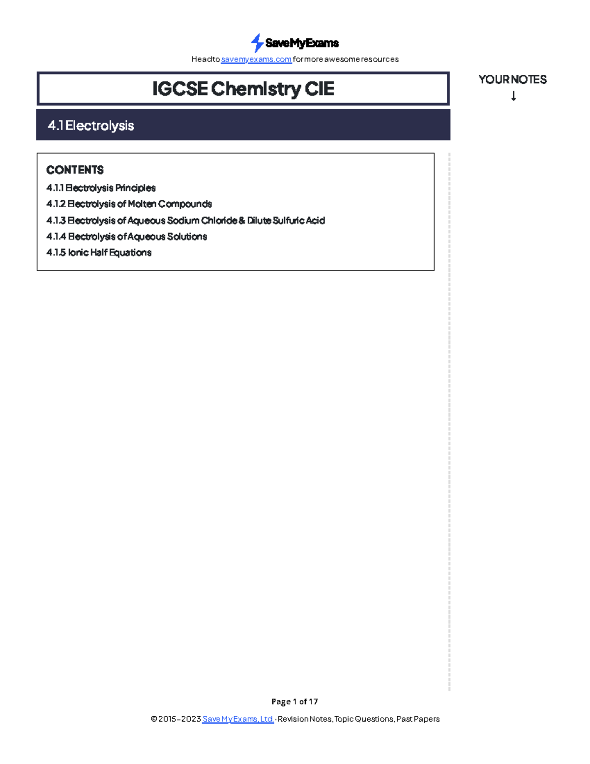 4.1 Electrolysis - Page 1 of 17 IGCSE Chemistry CIE 4 Electrolysis ...