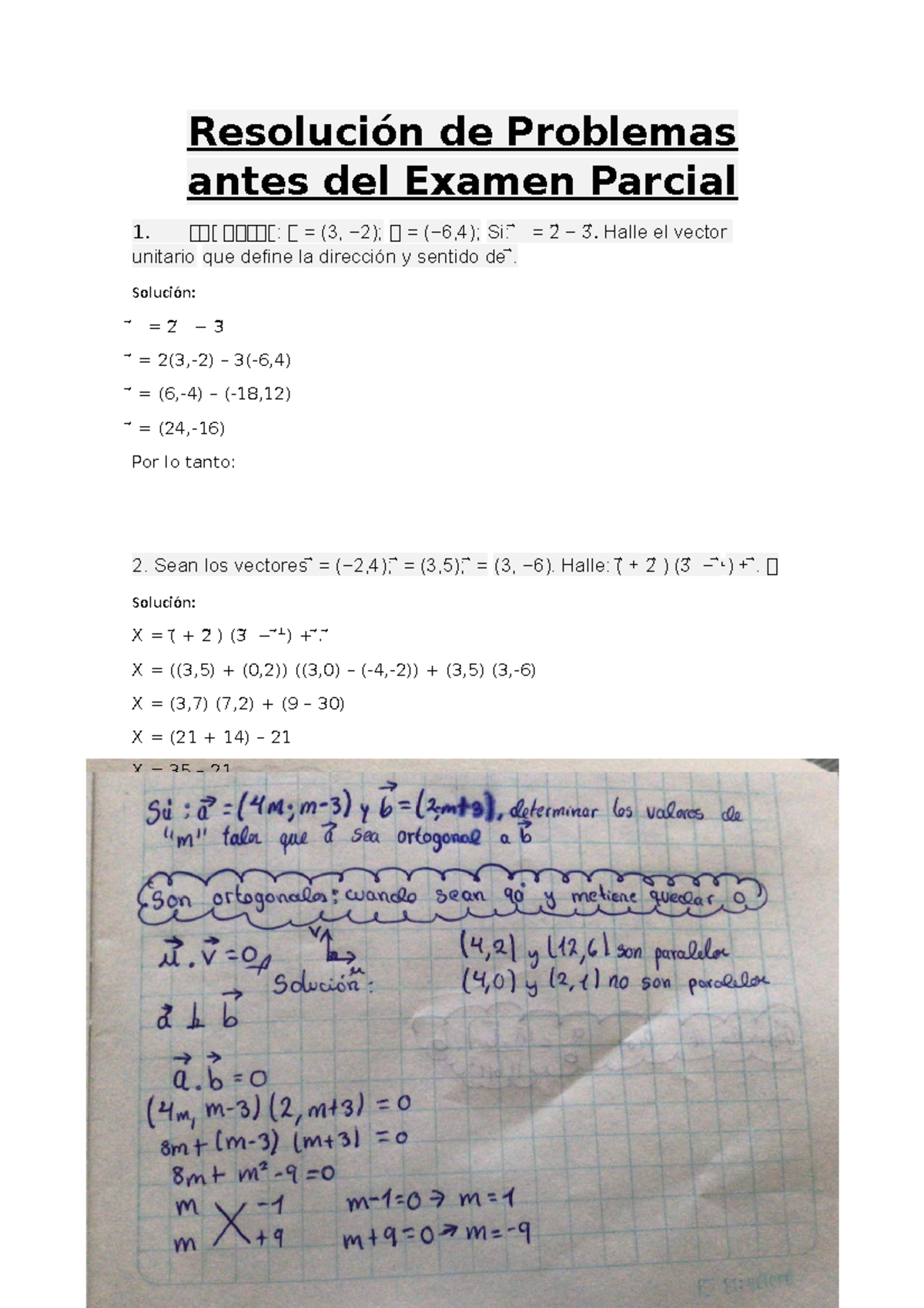Resolución de Problemas antes del Examen Parcial - 𝑙𝑙𝑙𝑙𝑙𝑙𝑙𝑙: 𝑙 = (3, −2 ...
