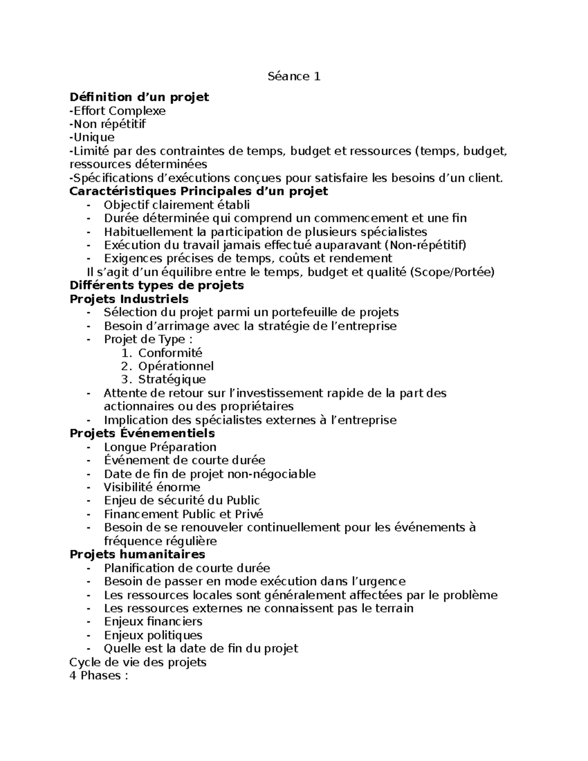Notes de cours séance 1 - Séance 1 Définition d’un projet -Effort ...