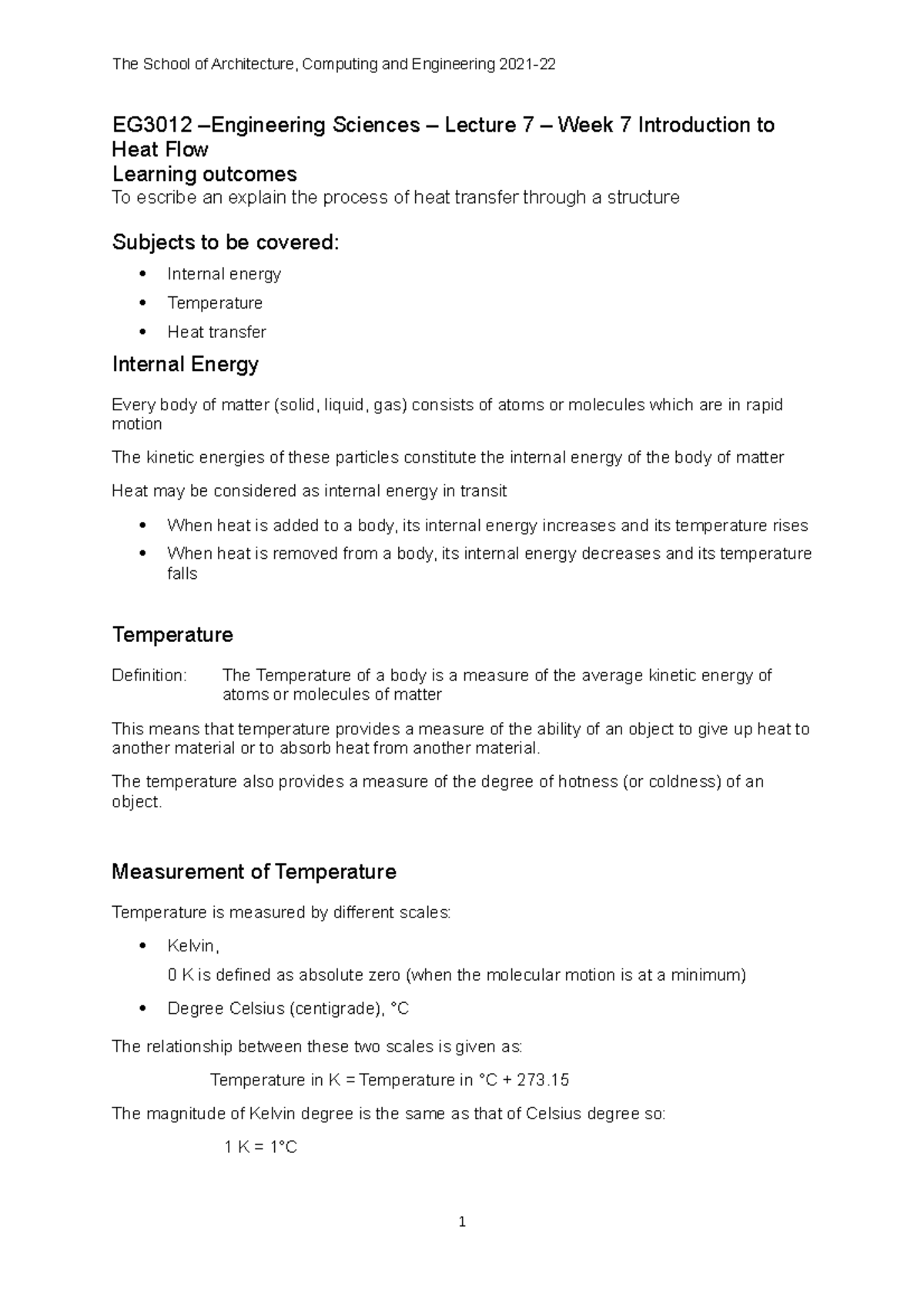 Heat transfer notes - EG3012 –Engineering Sciences – Lecture 7 – Week 7 ...