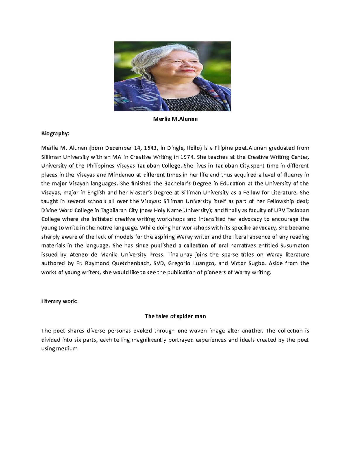 biography of Merlie M.Alunan.......................... - Merlie M ...