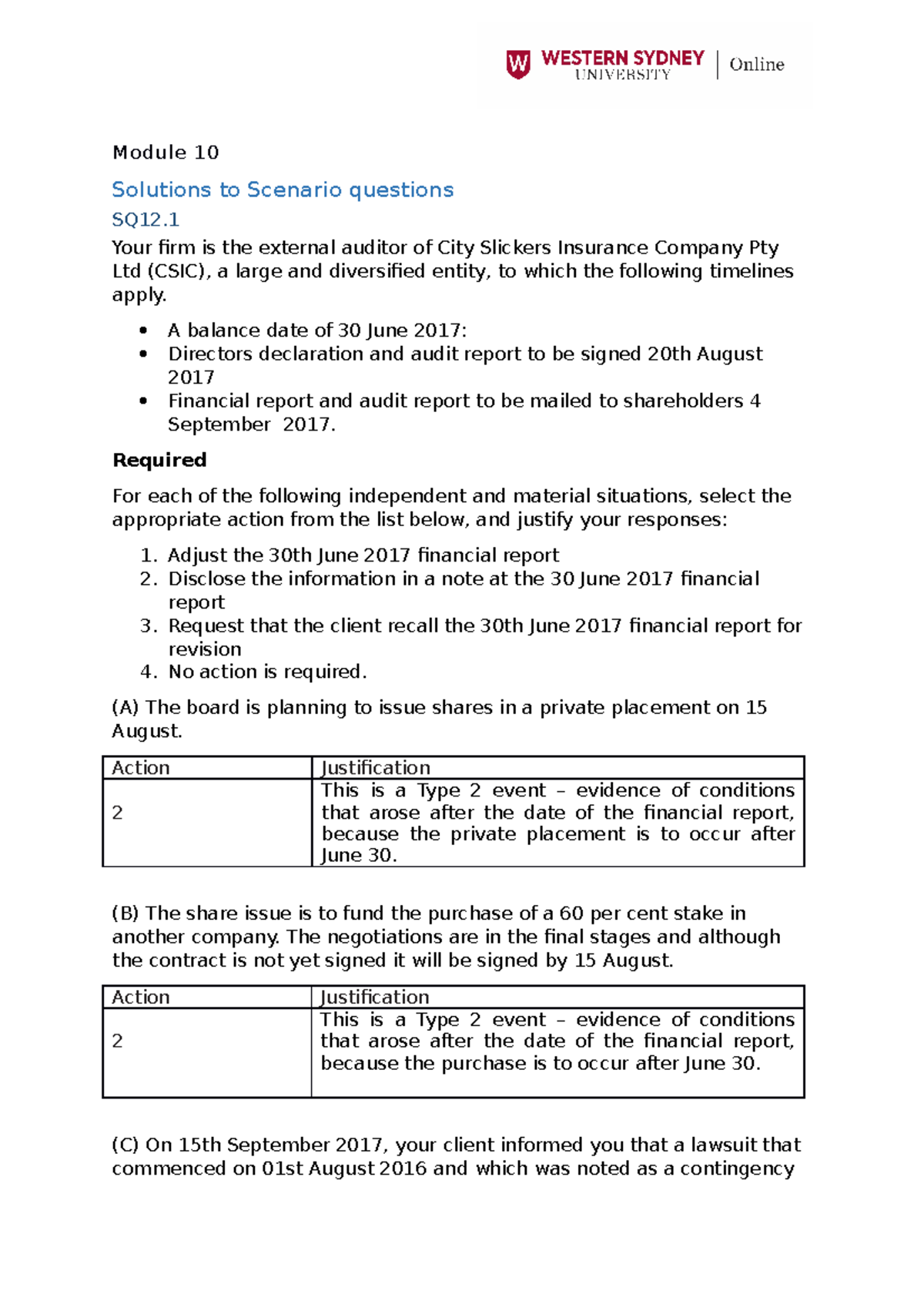 Week 10 Auditing T1 2023 Solution - Module 10 Solutions to Scenario questions SQ12. Your firm is ...
