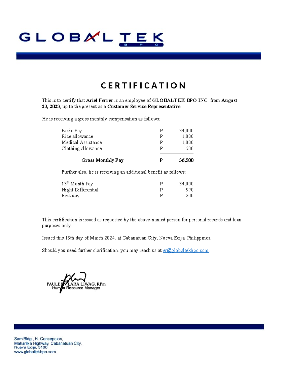 sample of Certificate of employment - C E R T I F I C A T I O N This is ...