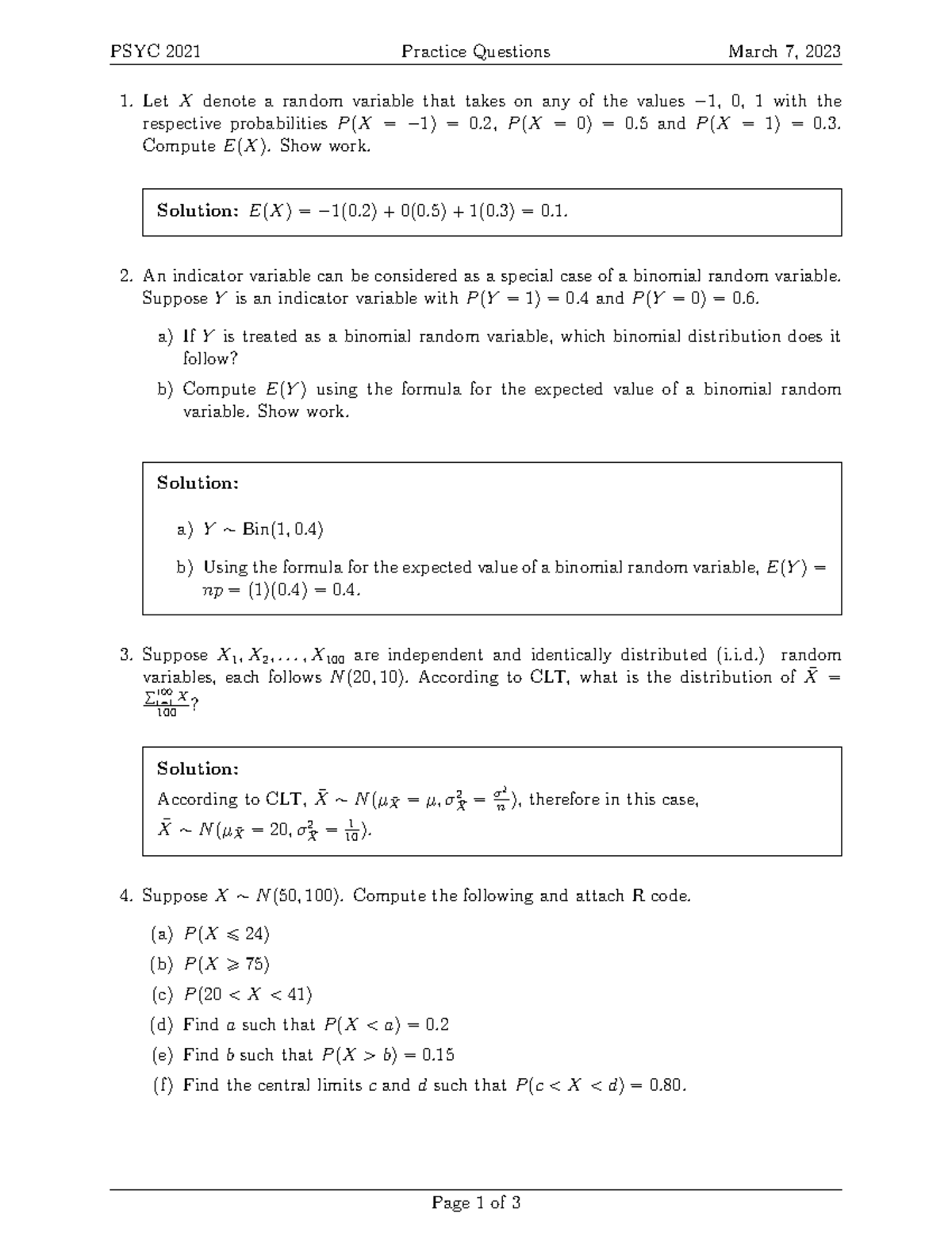 18 - practice questions - PSYC 2021 Practice Questions March 7, 2023 Let X denote a random ...
