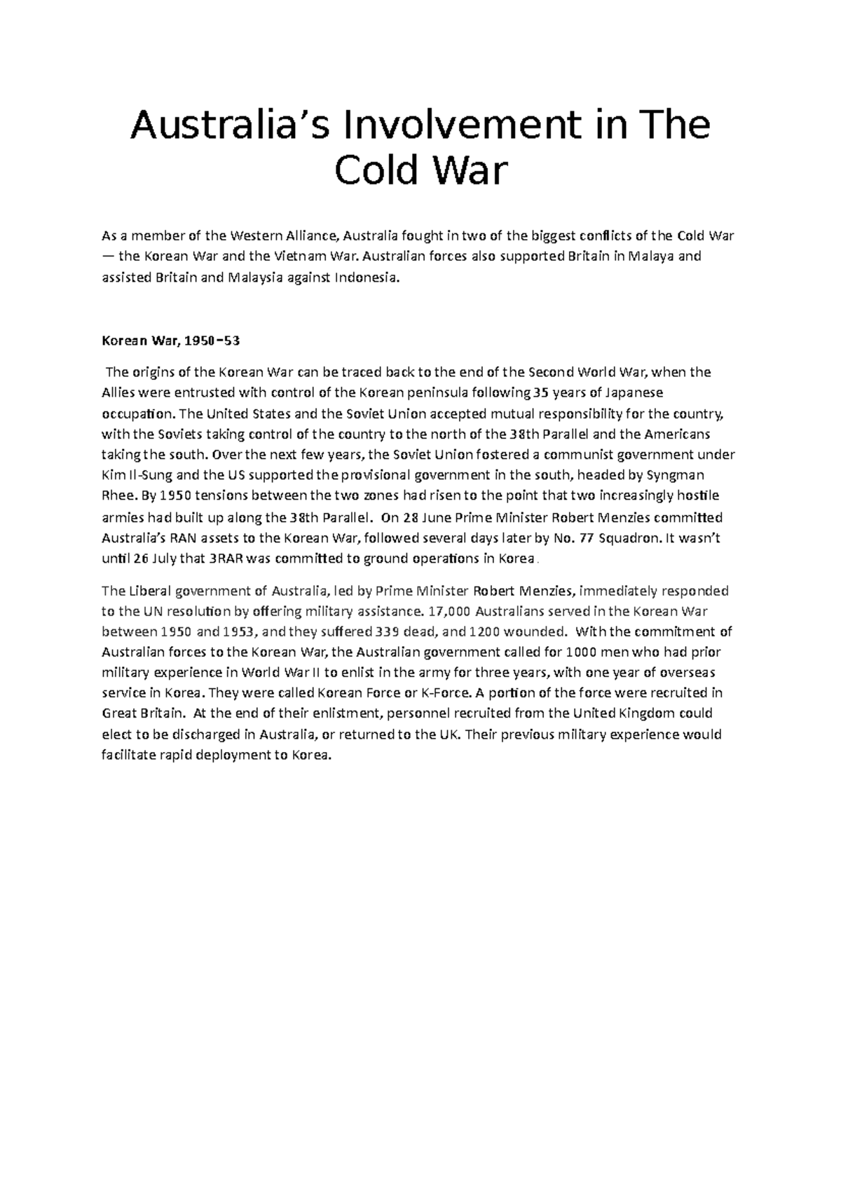 Australia's Involvement in the cold war - Australia’s Involvement in ...