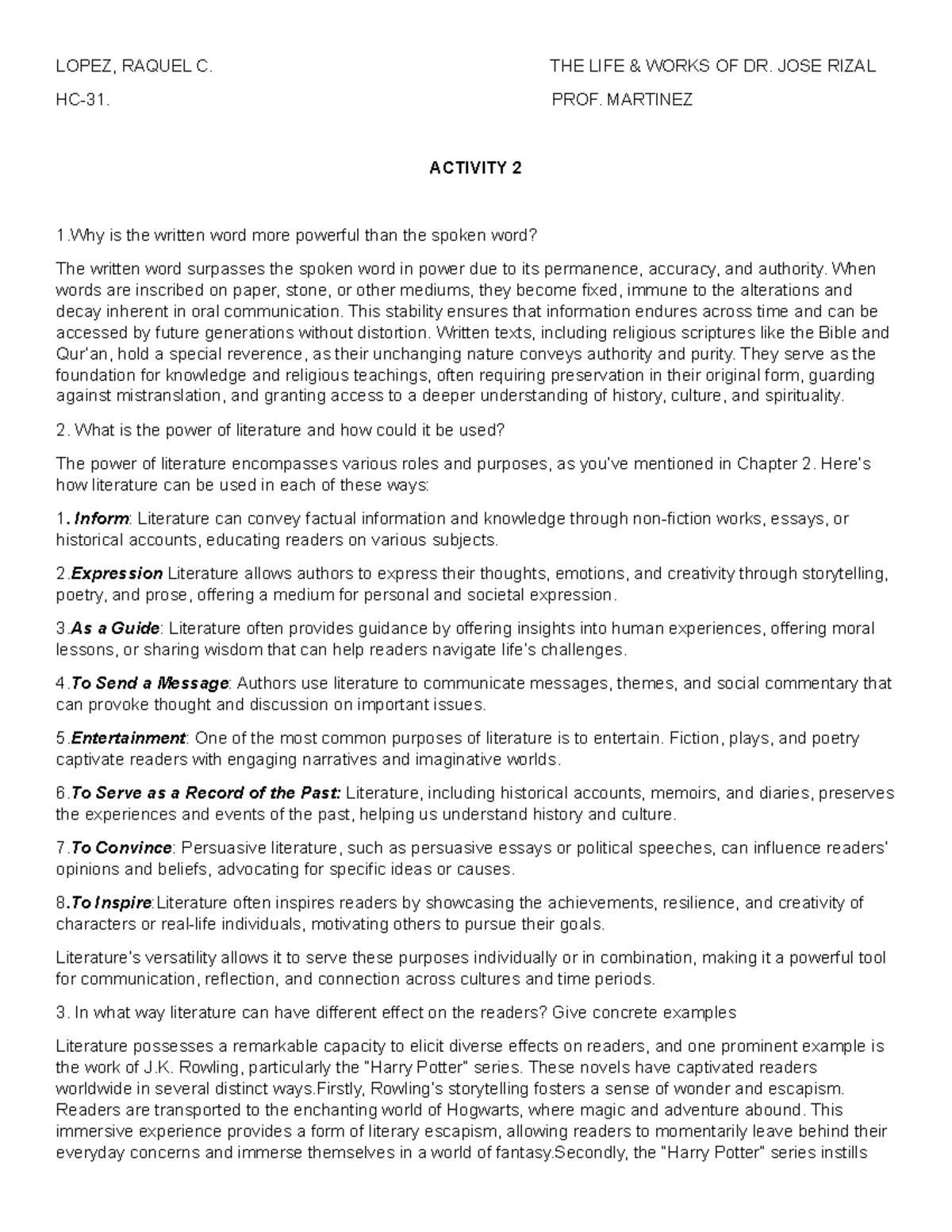 Lopez Chapter 1 Rizal LAW - LOPEZ, RAQUEL C. THE LIFE & WORKS OF DR ...