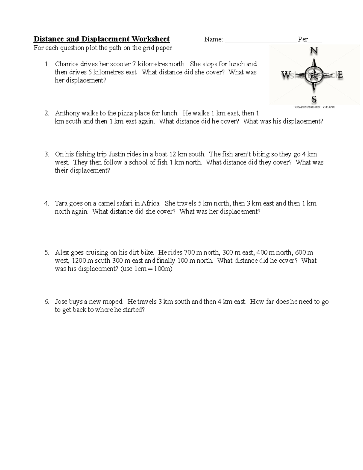 Distance-Displacement-Velocity - Distance and Displacement Worksheet ...
