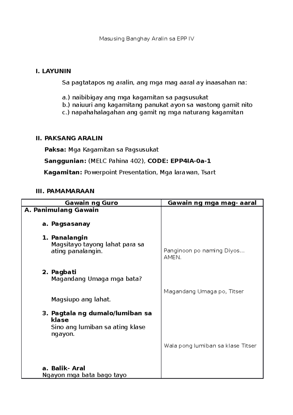 Grade 4 Lesson Plan