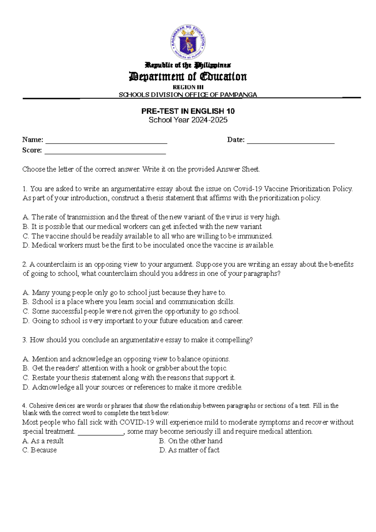 English 10 Pre Test - I Republic of the Philippines Department of ...