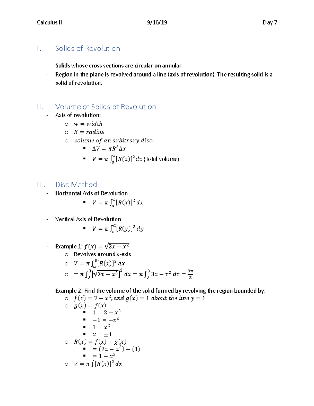 Calculus II Solids of Revolution - Calculus II 9/16/19 Day 7 I. Solids ...