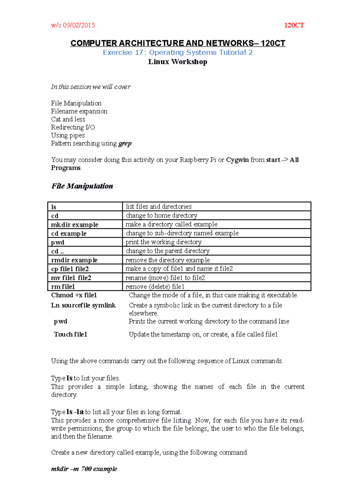 Exercise 17 Operating Systems Tutorial 2 - Linux - w/c 09/02/2015 120CT ...