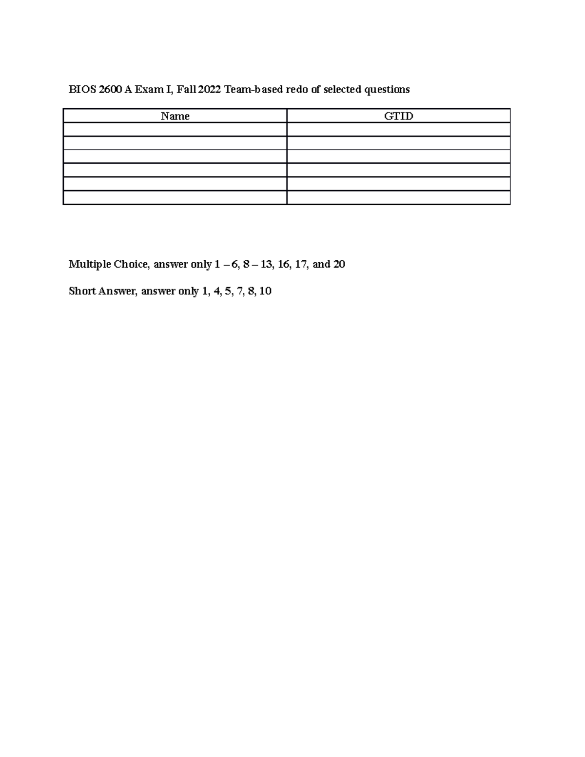 Exam 1 group redo - Exam 1 student redo - BIOS 2600 A Exam I, Fall 2022 ...