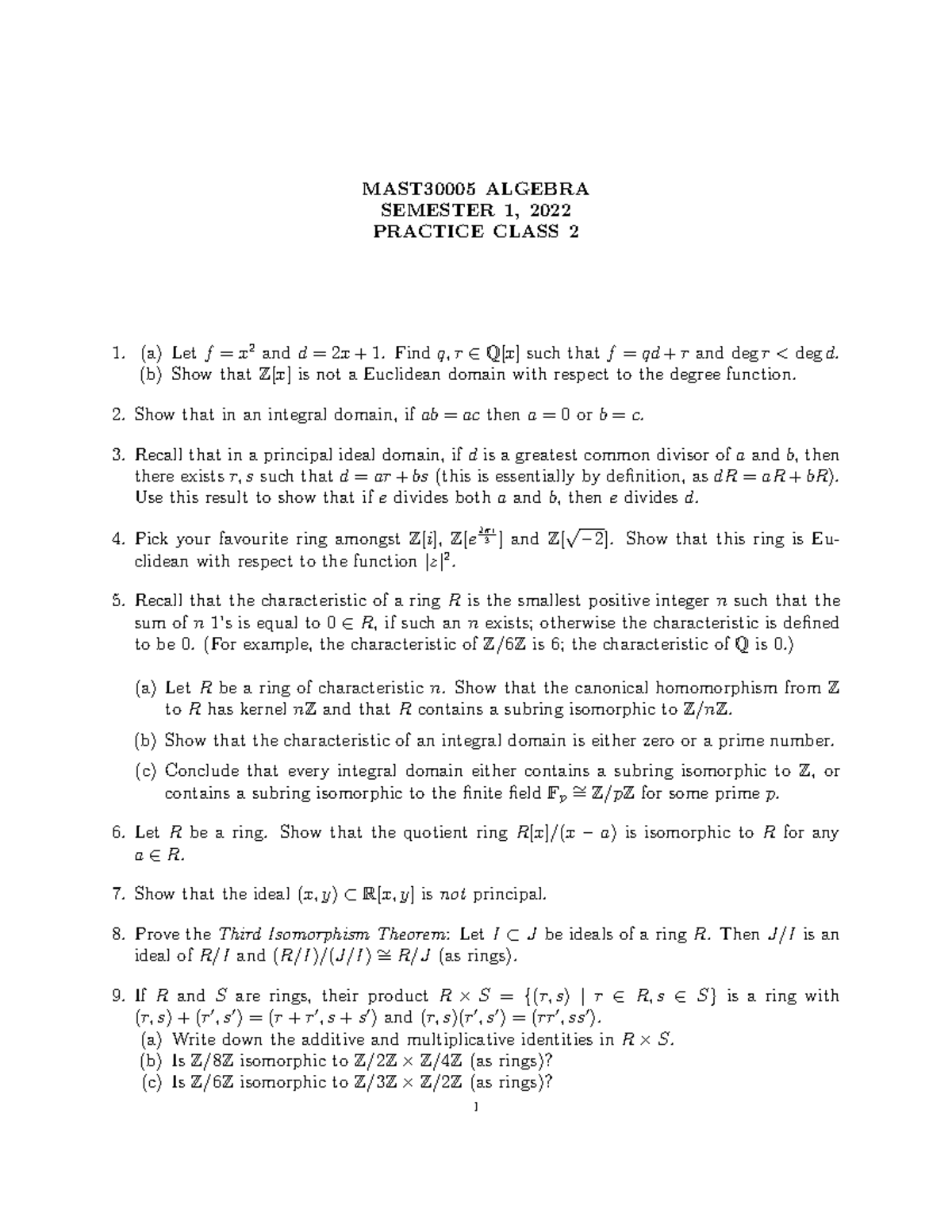 Tutorial 2 - second tute - MAST30005 ALGEBRA SEMESTER 1, 2022 PRACTICE ...