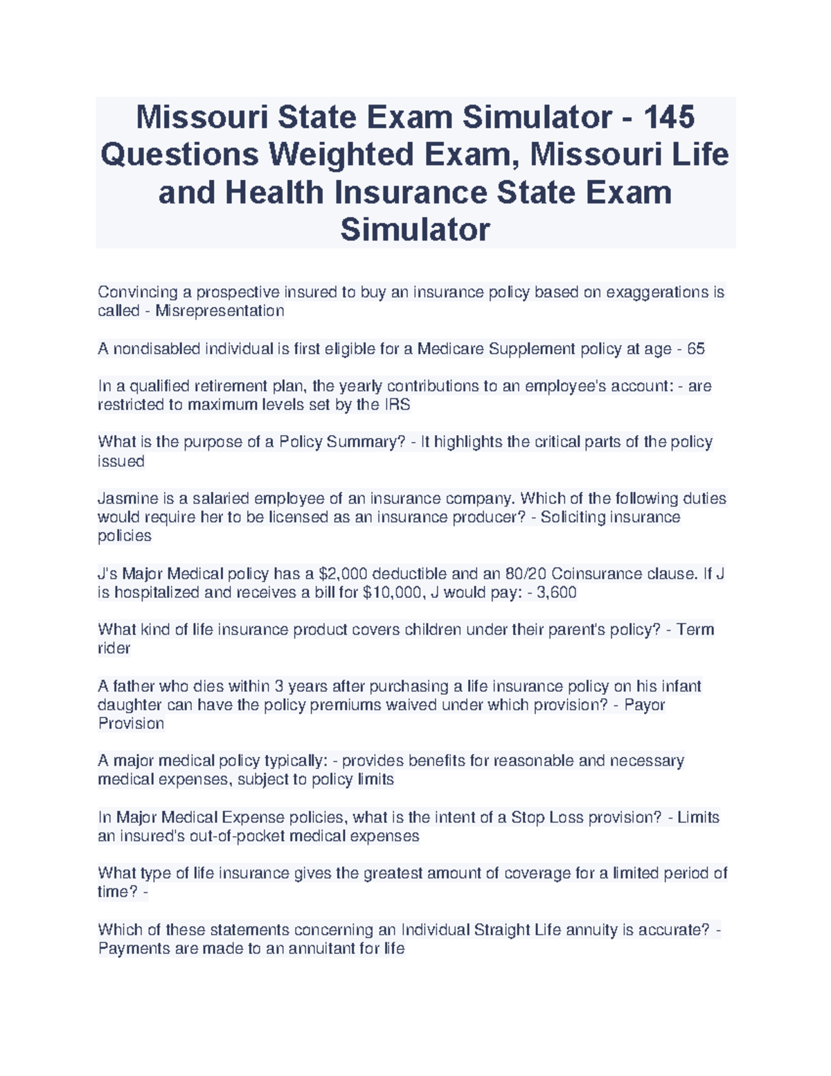 Missouri State Exam Simulator - 145 Questions Weighted Exam, Missouri ...