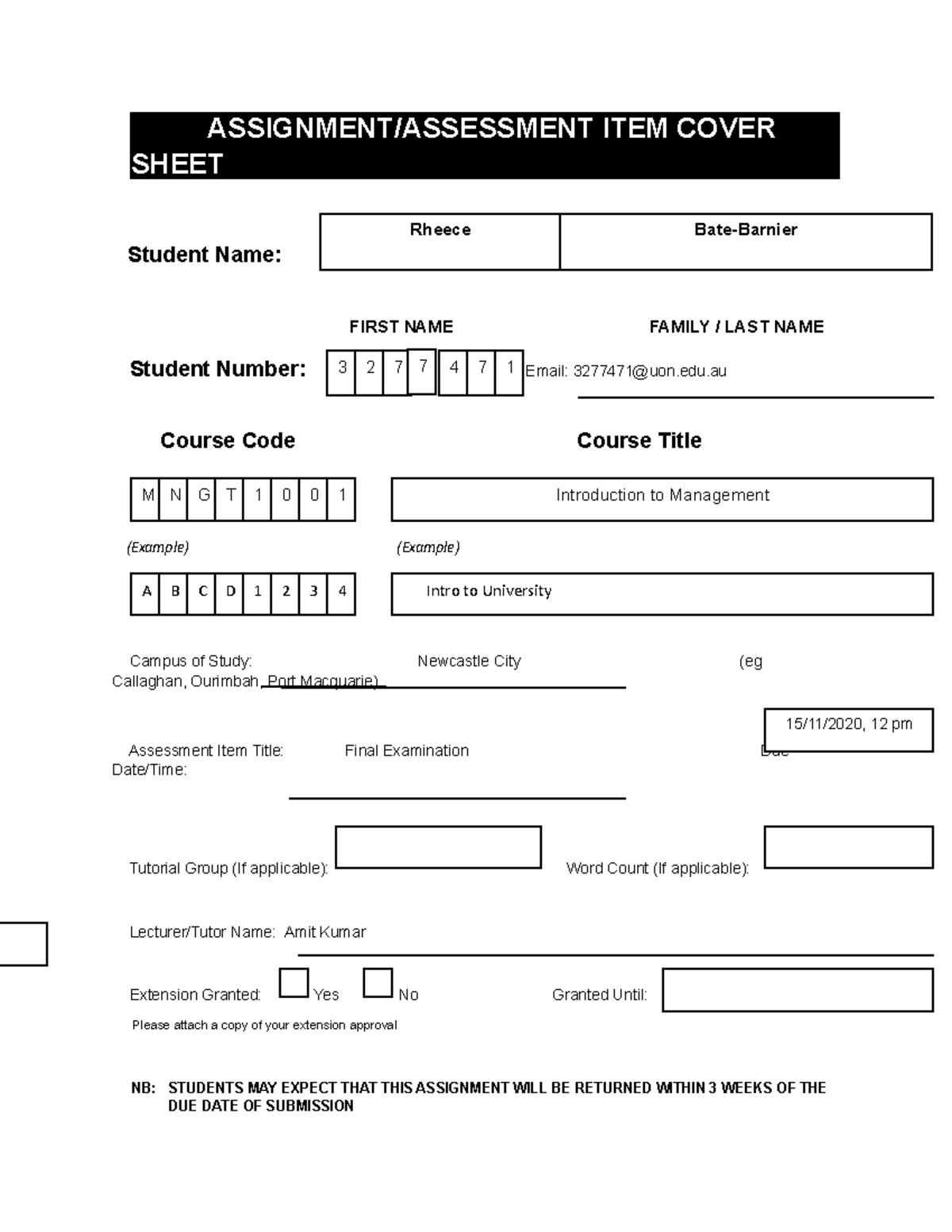 End of Year exam Exampe - ASSIGNMENT/ASSESSMENT ITEM COVER SHEET ...