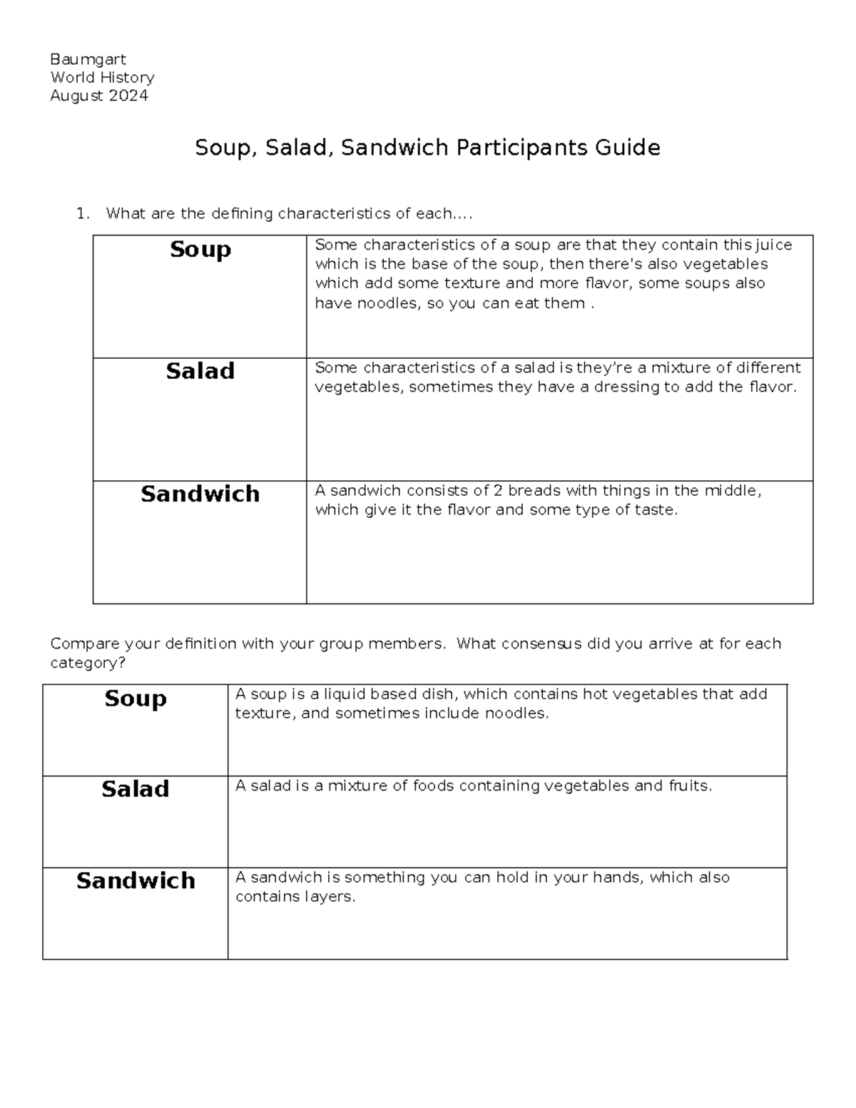 Copy of Soup, Salad, Sandwich - Baumgart World History August 2024 Soup ...