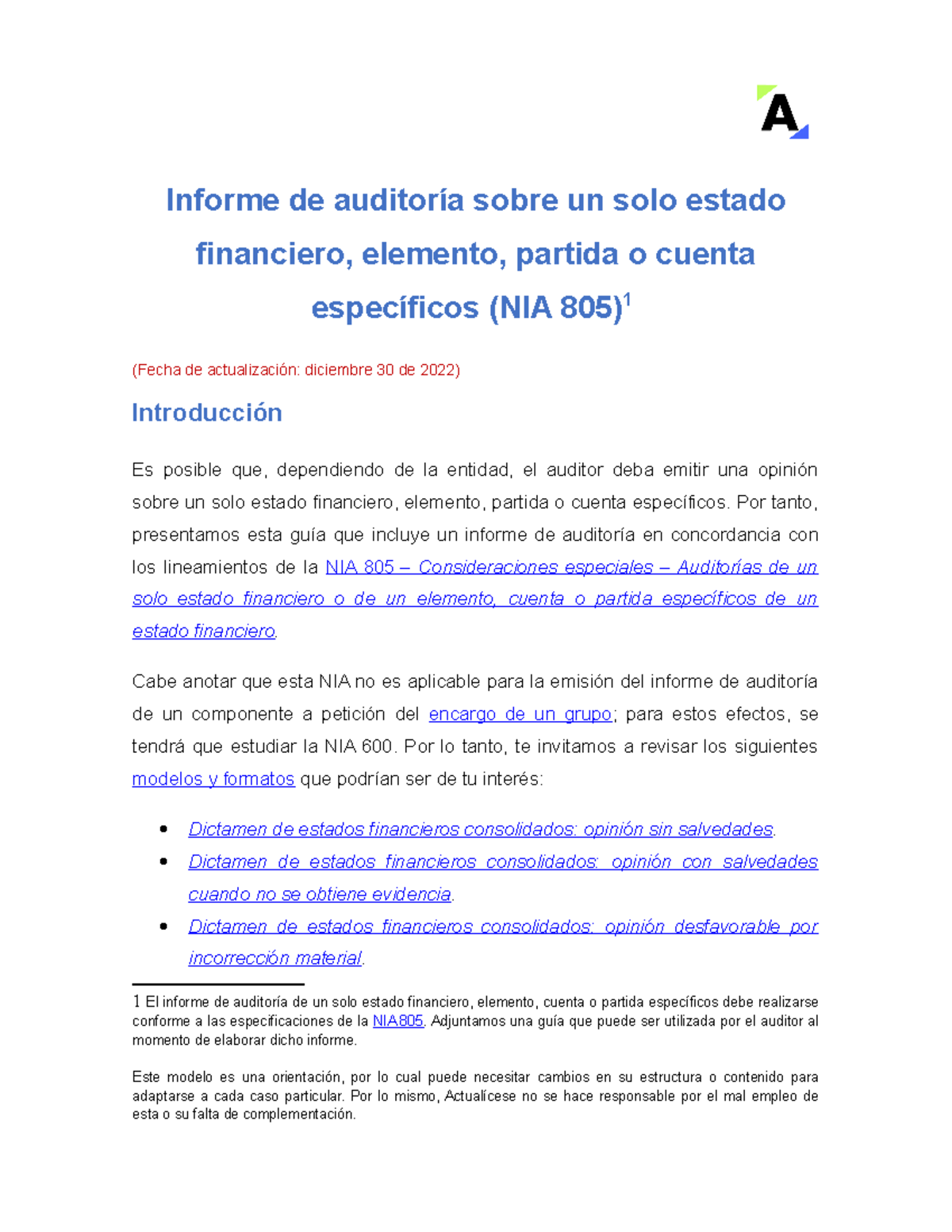 VA22 Dictamen NIA 805 - Informe de auditoría sobre un solo estado financiero, elemento, partida ...