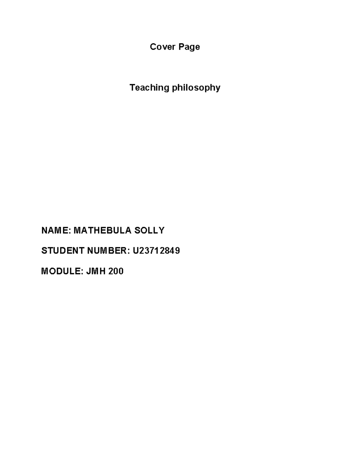 Teaching Philosophy - ASSIGNMENT - Cover Page Teaching philosophy NAME ...