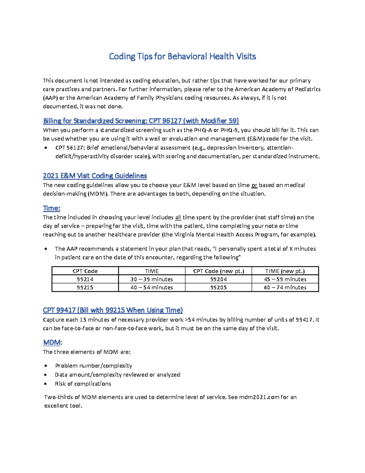 Coding Tips for Peds Adolescent Behavioral Health Visits Tip Sheet ...