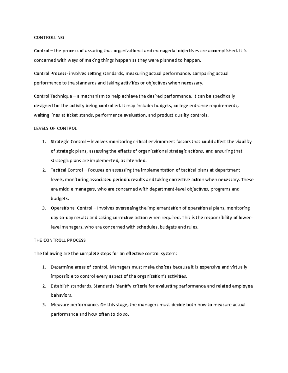 Controlling - CONTROLLING Control – the process of assuring that ...