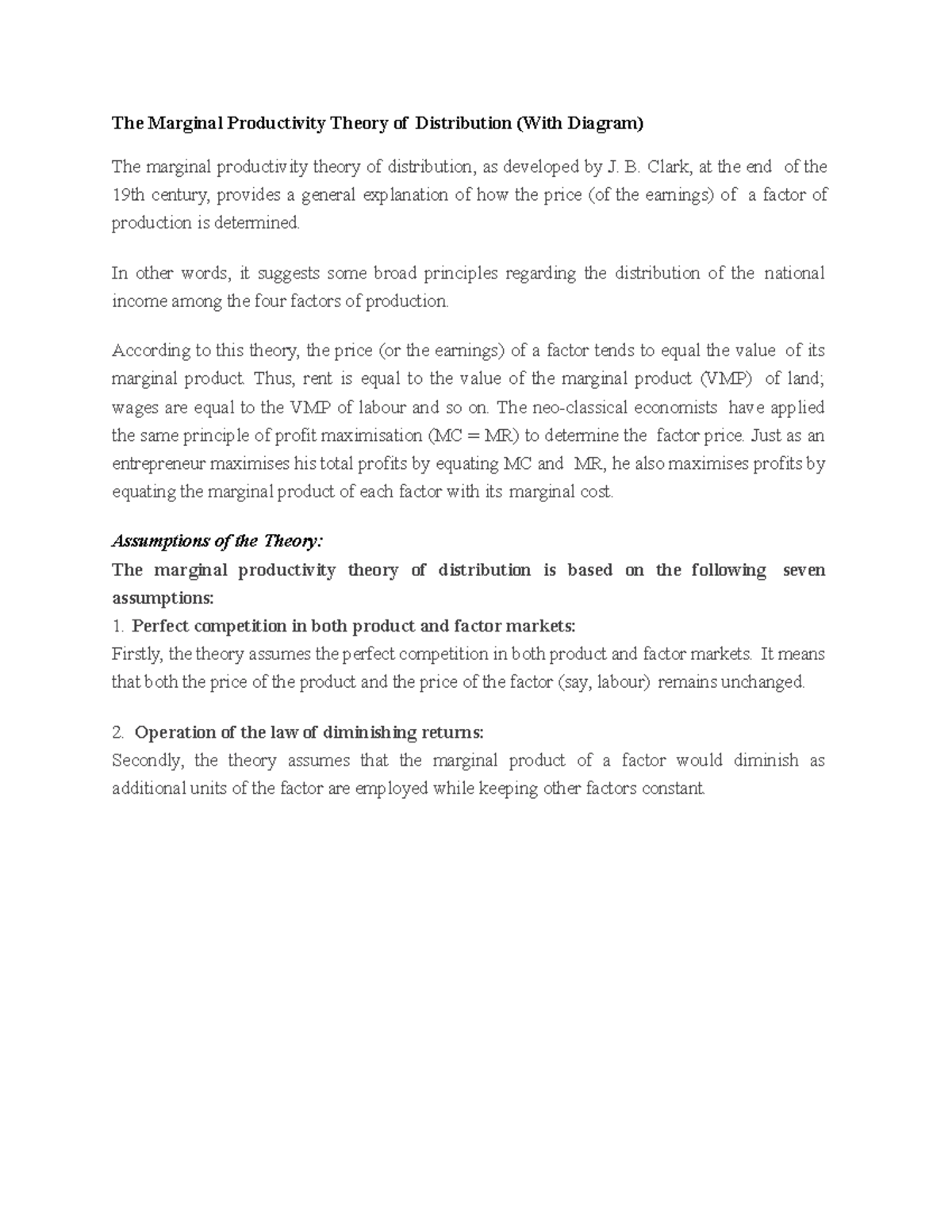 Marginal Productivity Theory - B. Clark, at the end of the 19th century ...