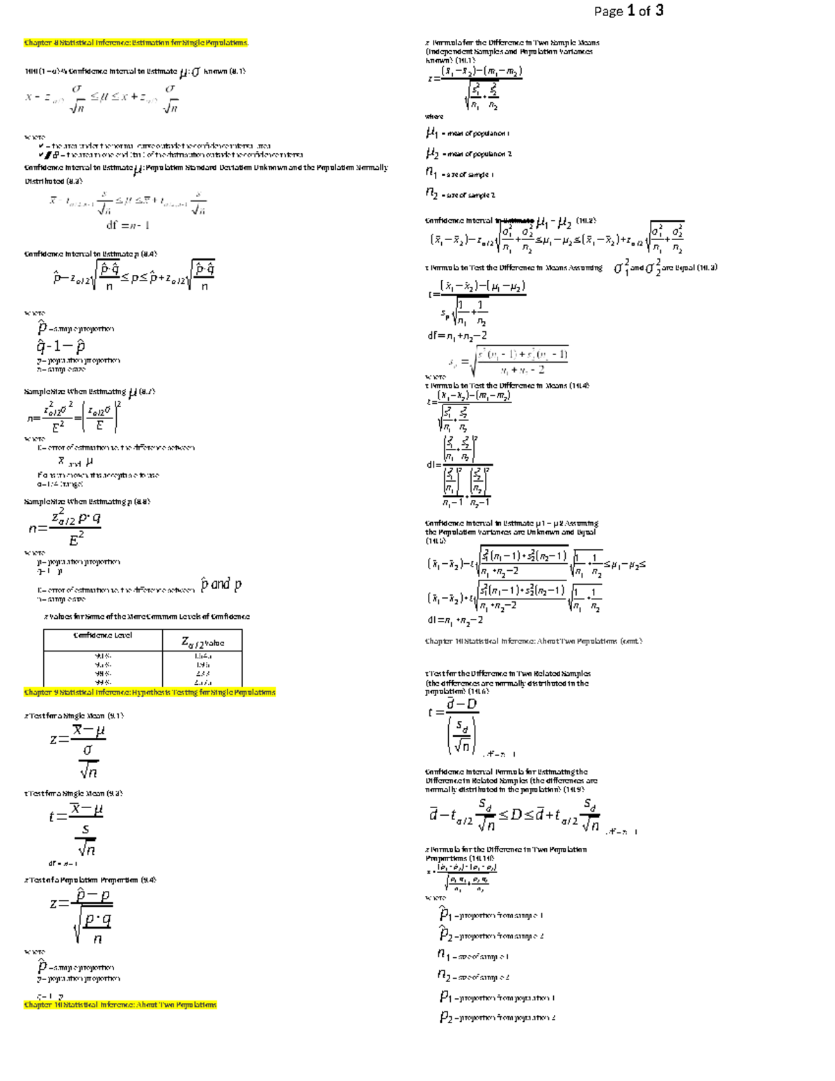 BU255 - All Formulas 2022Fall - Page 1 of 3 Chapter 8 Statistical ...