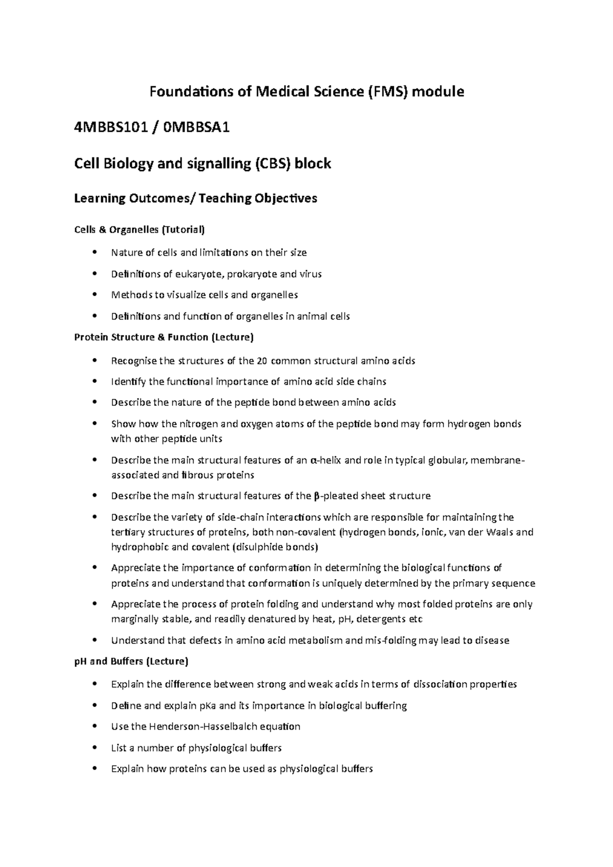 FMS LO 2022 - FMS LOs - Foundations of Medical Science (FMS) module ...