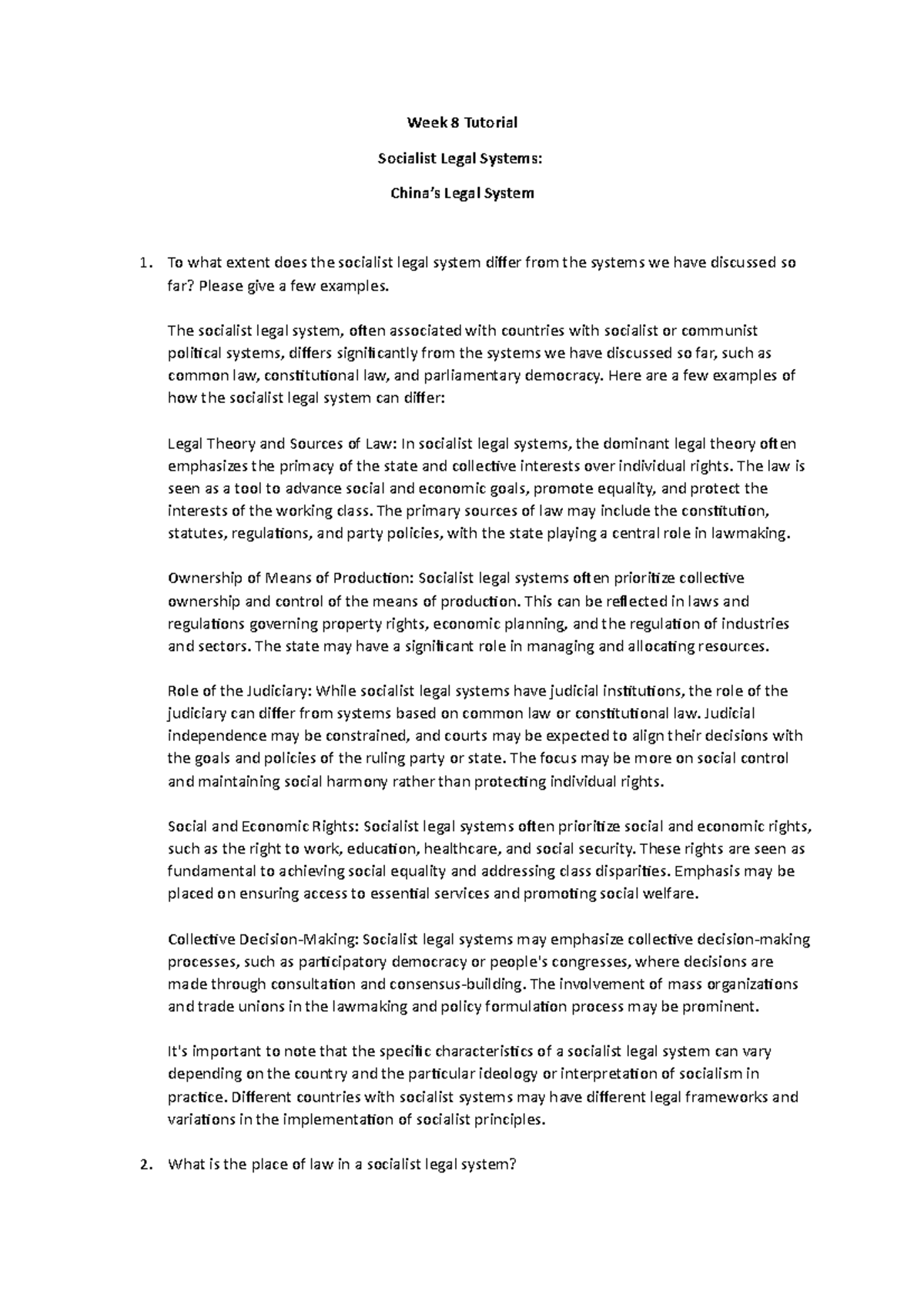 Tutorial Week 8 Socialist legal system - Week 8 Tutorial Socialist ...