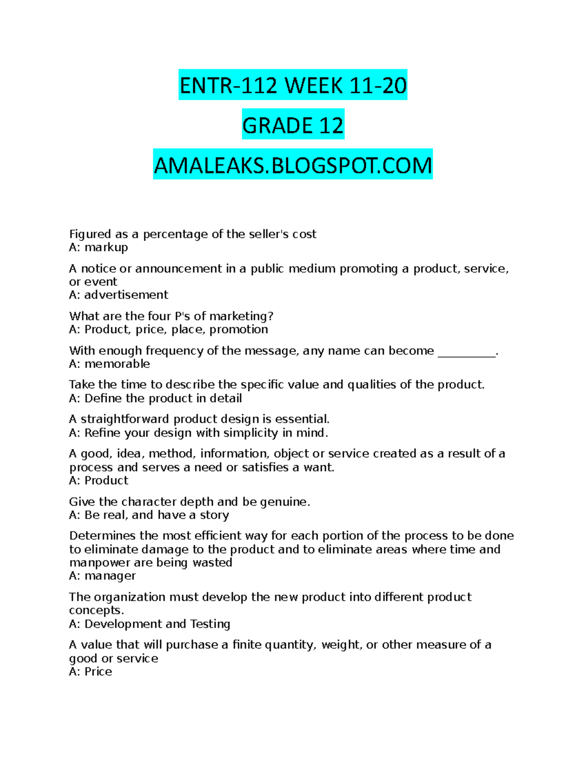 Amaleaks - Sources - ENTR-112 WEEK 11- GRADE 12 AMALEAKS.BLOGSPOT ...