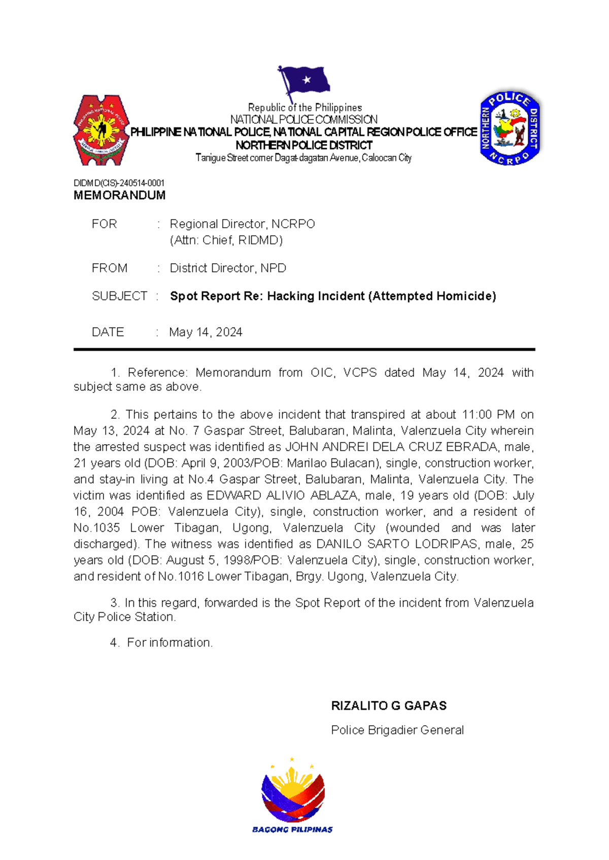 Spot Report Re Mauling Incident (Attempted Homicide) - Republic of the ...