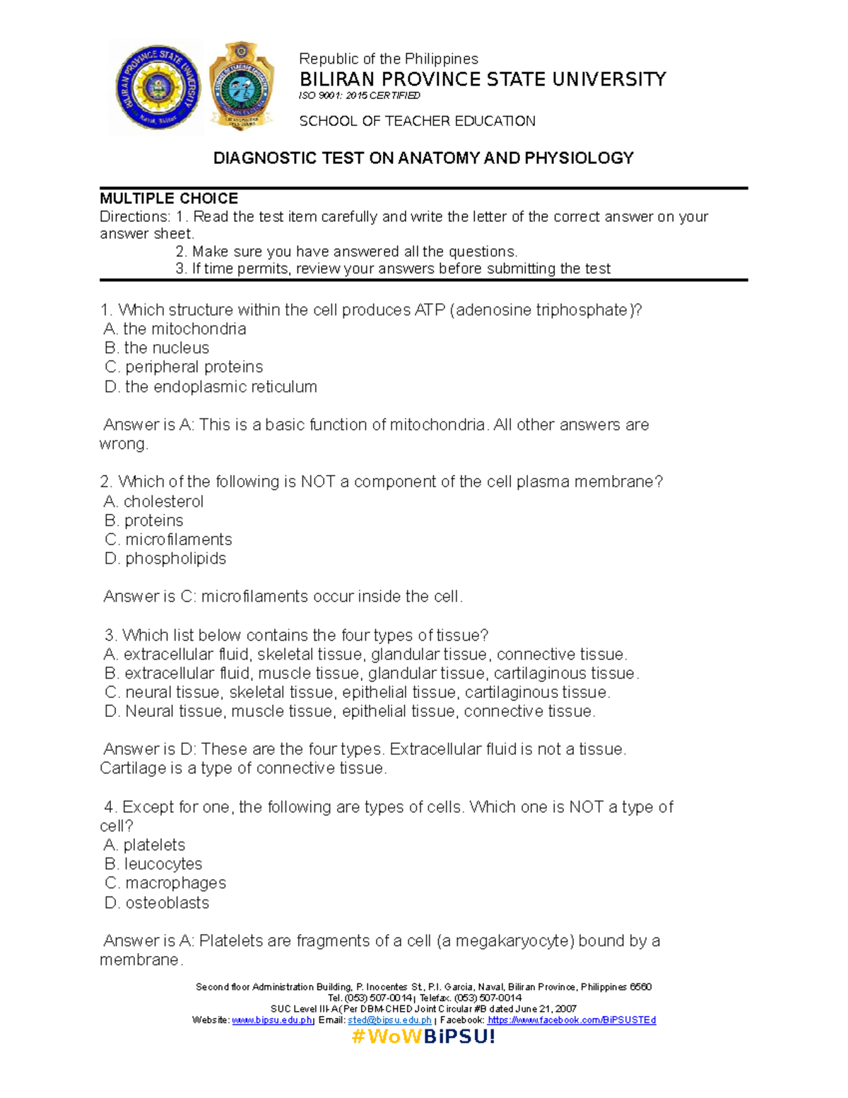 Diagnostic Test - This is a pre-test on human tissues and cells ...