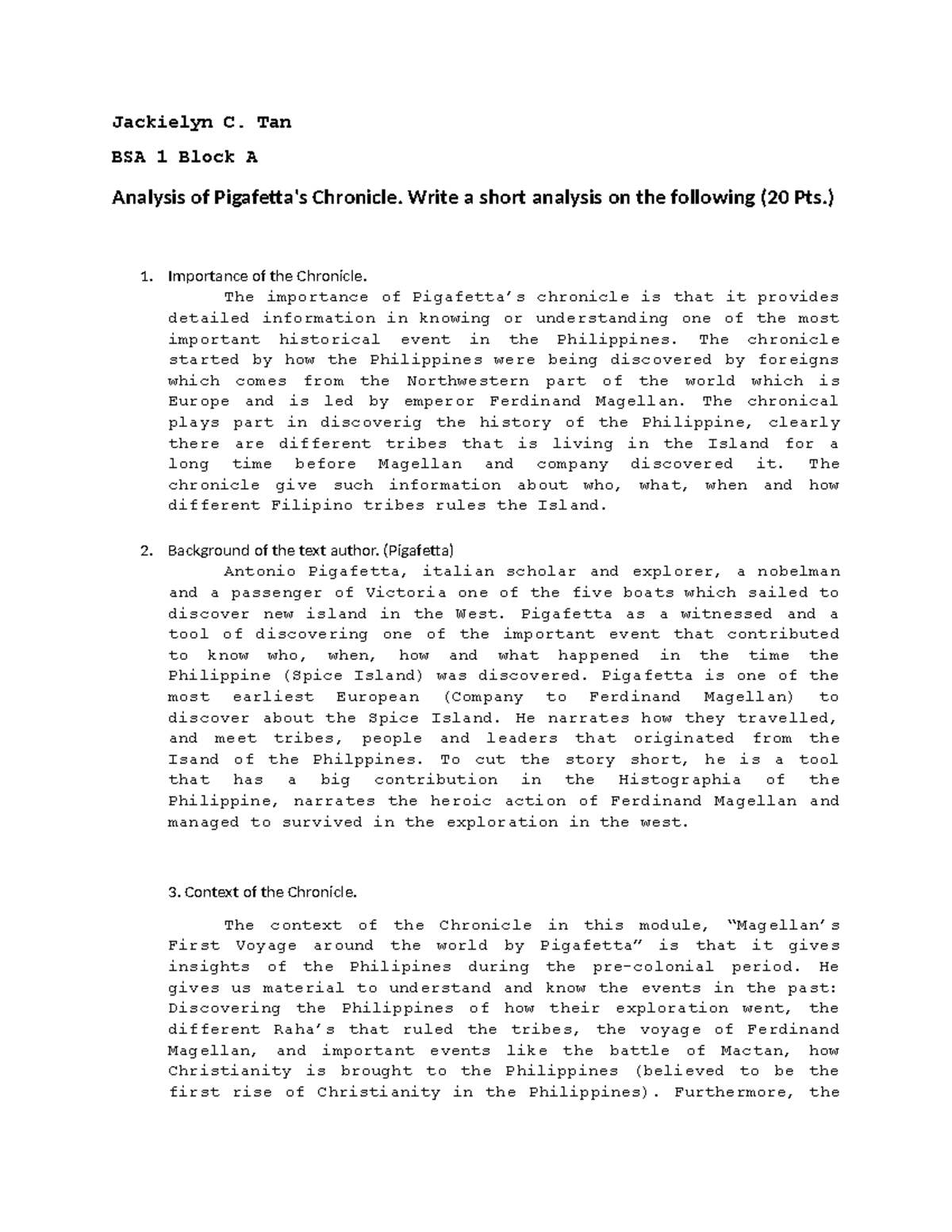 Analysis-of-Pigafetta-Chronicle copy - Jackielyn C. Tan BSA 1 Block A ...