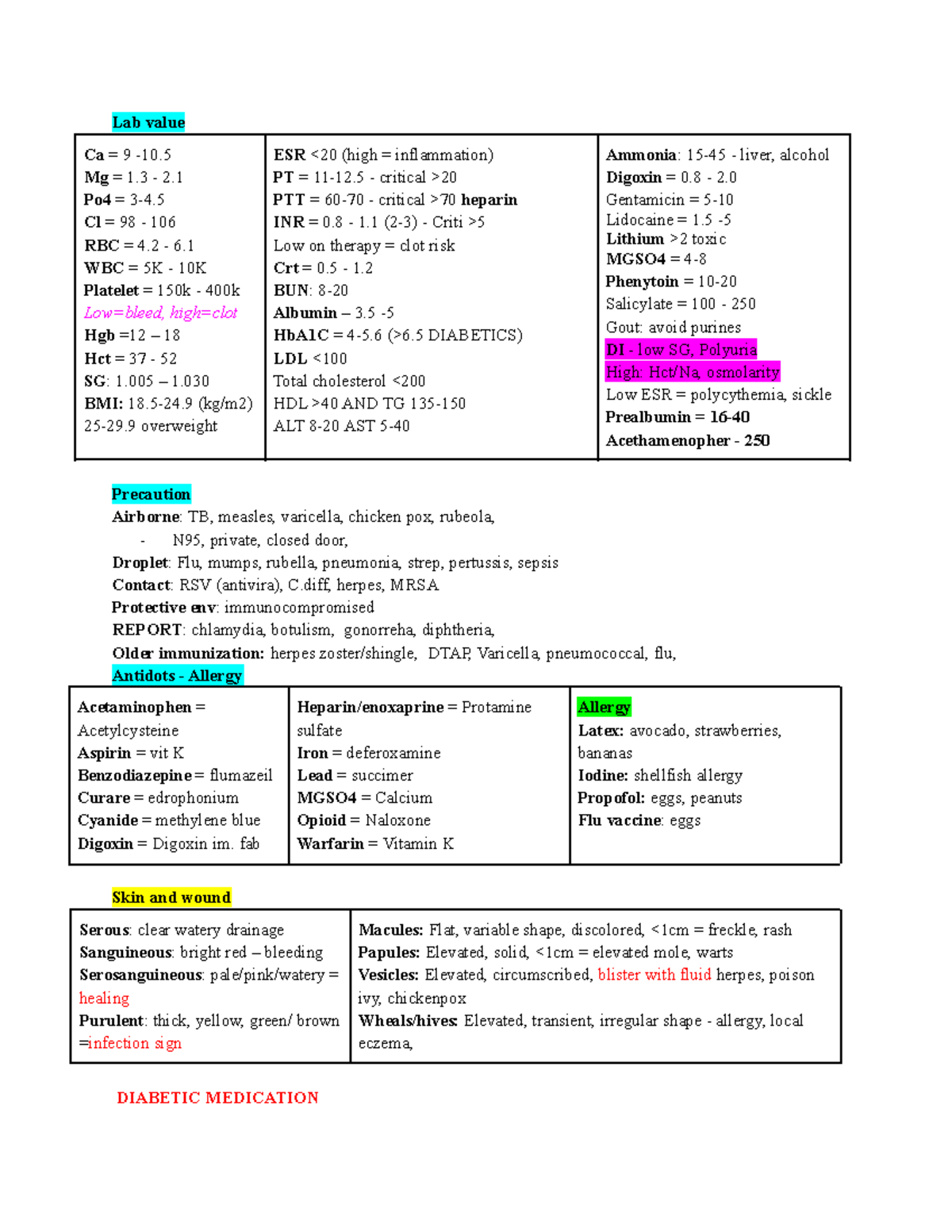 ATI - Final exam note - Lab value Ca = 9 -10. Mg = 1 - 2. Po4 = 3-4. Cl ...