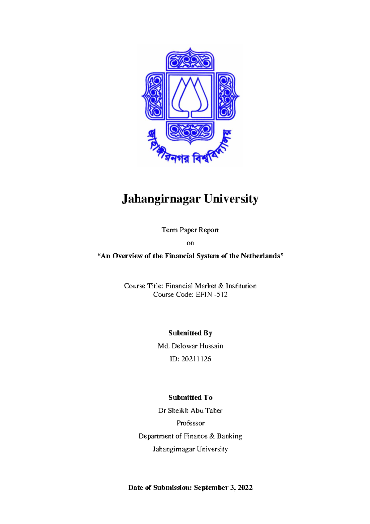 Financial System of the Netherlands - Jahangirnagar University Term ...
