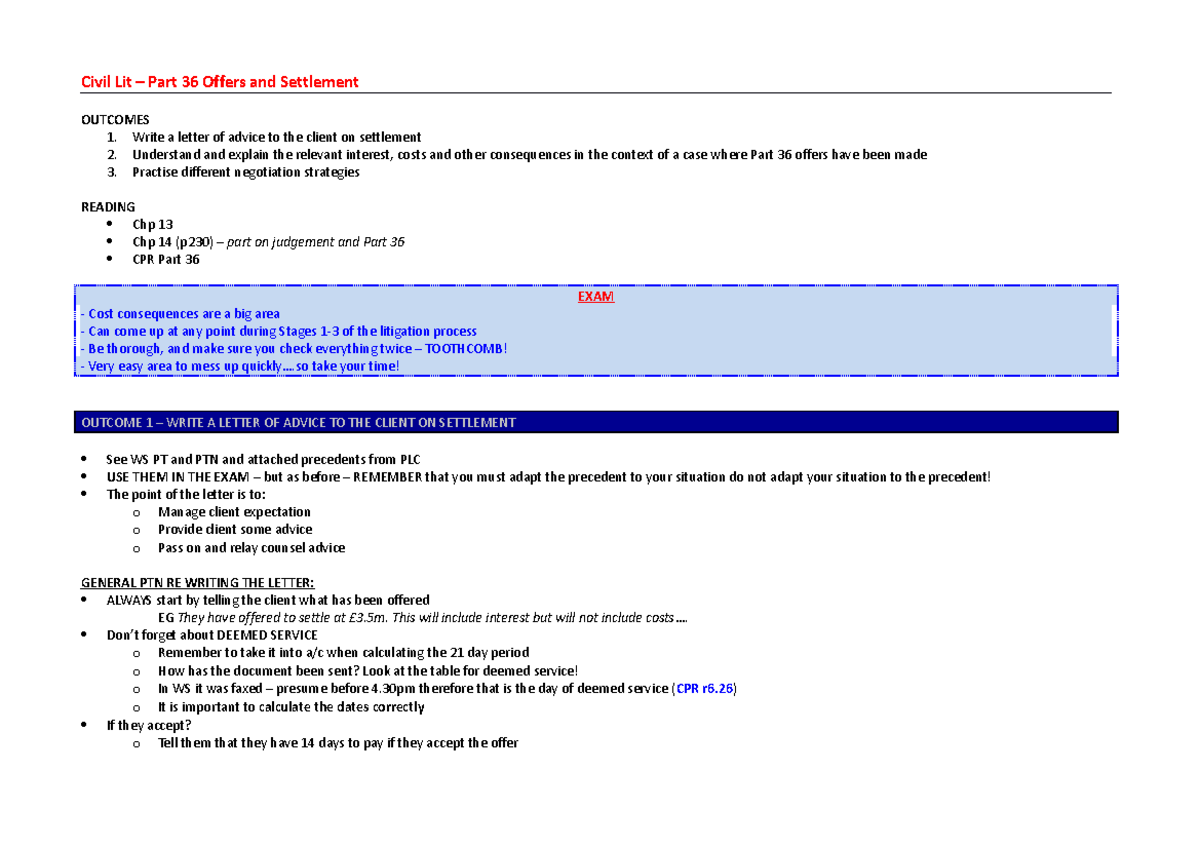 Civil Lit – Part 36 Offers and Settlement - Civil Lit – Part 36 Offers ...
