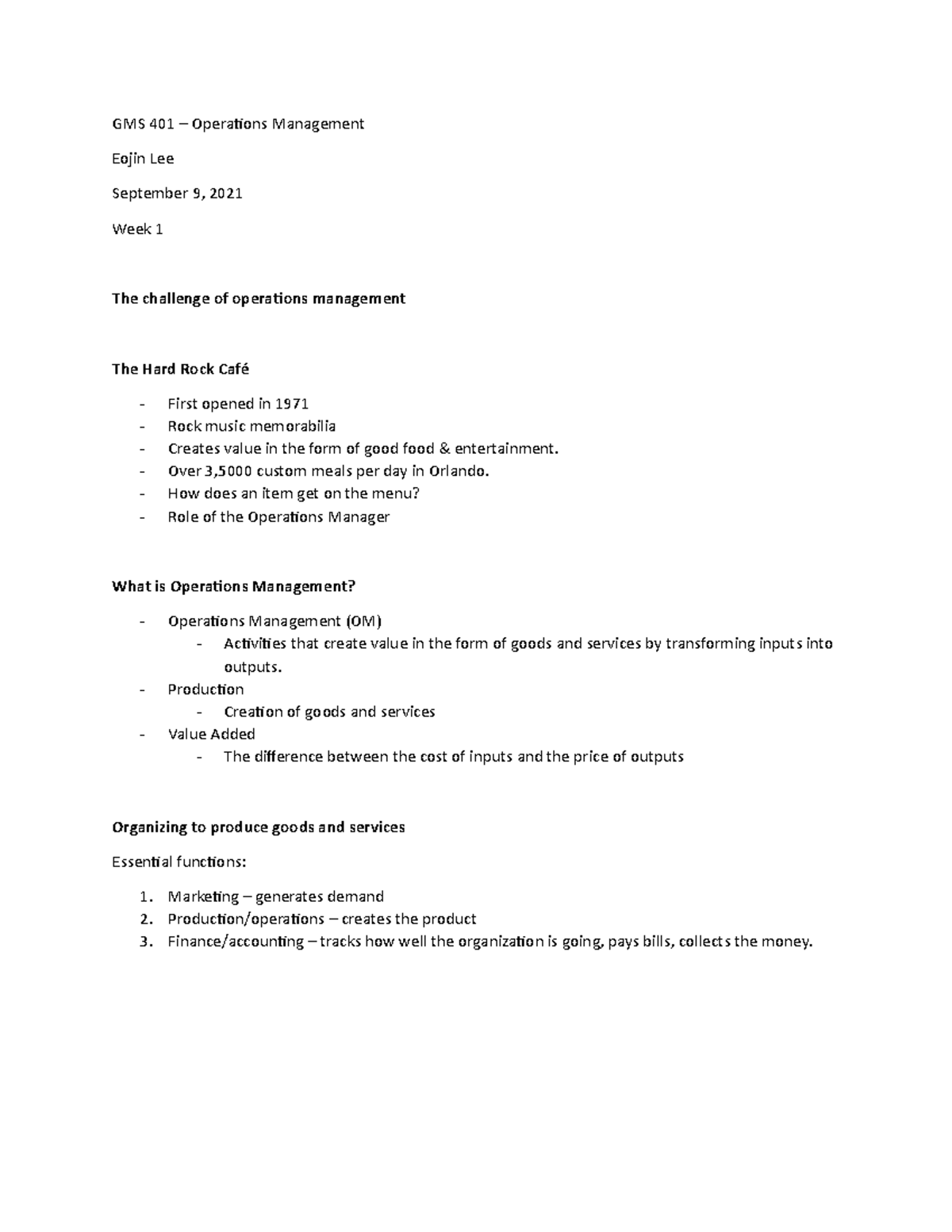 Week 1 Lecture notes GMS 401 Operation Management - GMS 401 ...