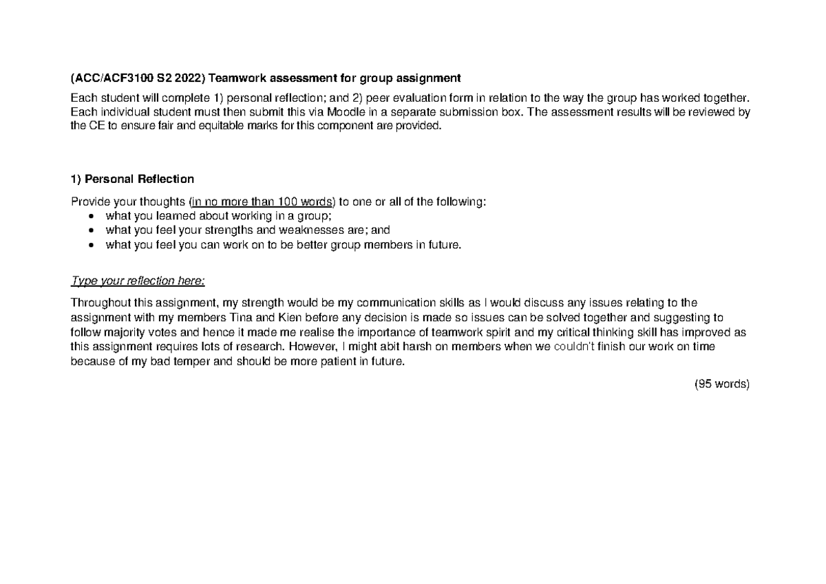 ACF3100 Teamwork assessment - (ACC/ACF3100 S2 2022) Teamwork assessment ...
