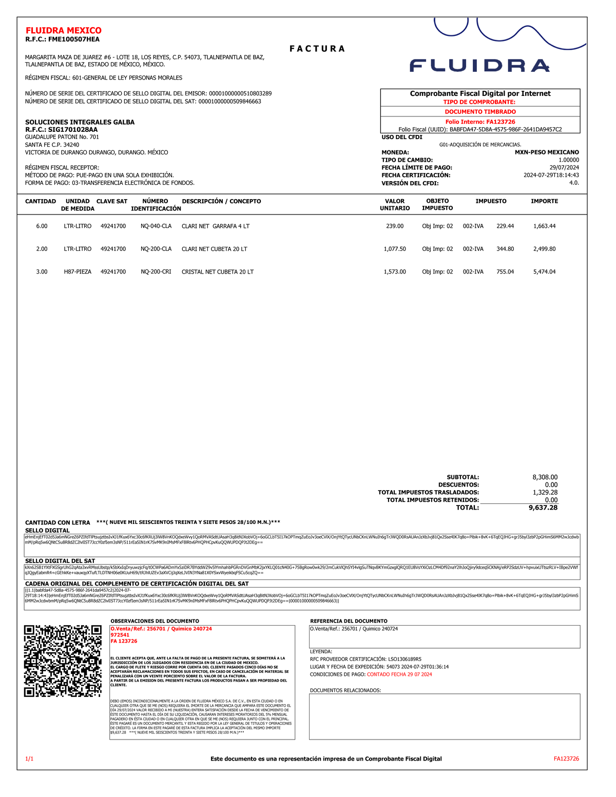 Factura Electronica FA123726 SIG1701028 AA - FLUIDRA MEXICO R.F.: FME100507HEA F A C T U R A ...