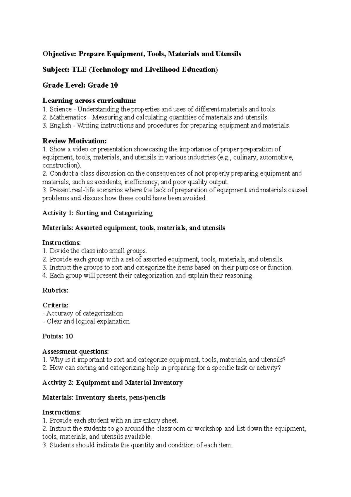 Lesson plan (10)Prepare Equipment, Tools, Materials and Utensils ...