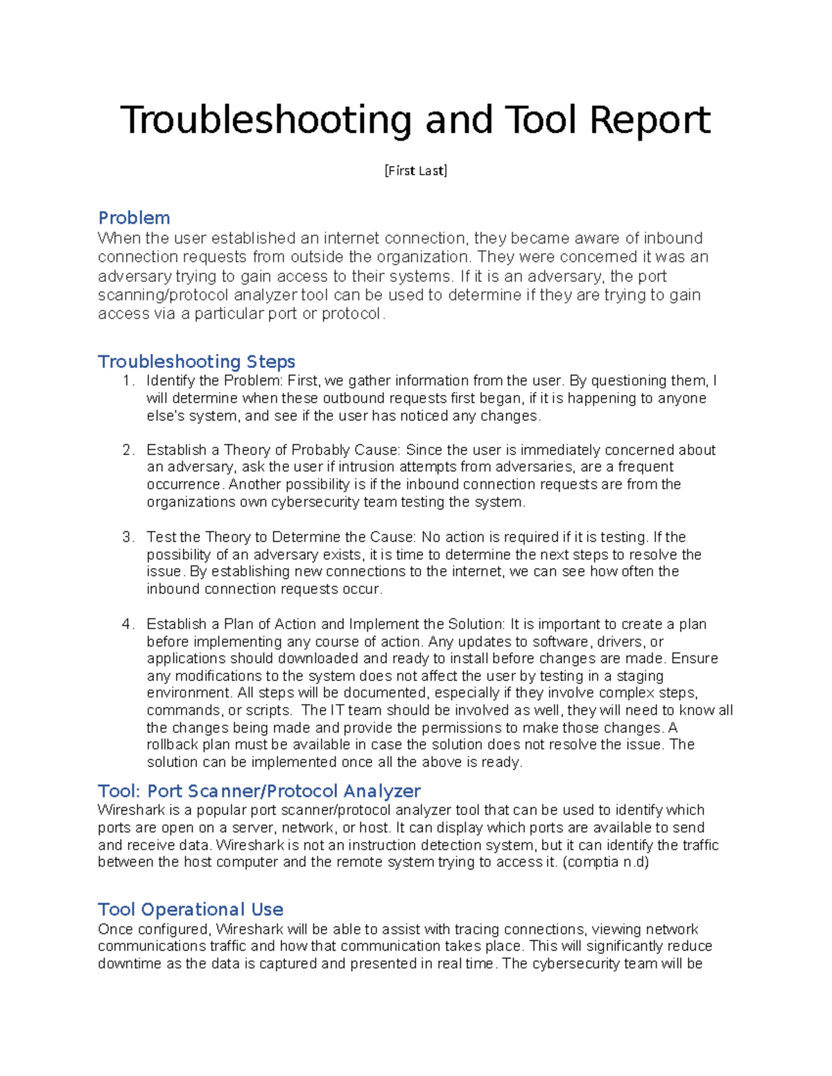 Troubleshooting and Tool Report - Troubleshooting and Tool Report ...