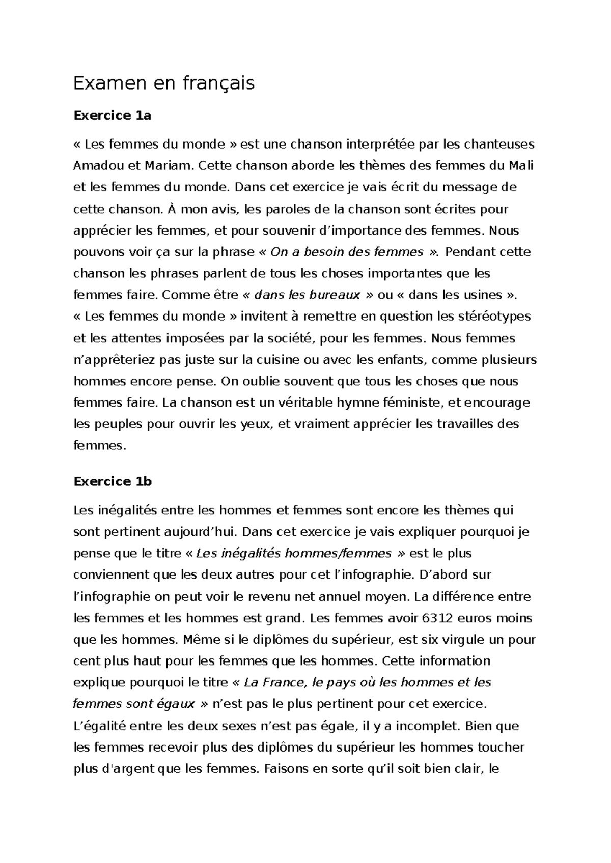 Test en français - Examen en français Exercice 1a « Les femmes du monde ...