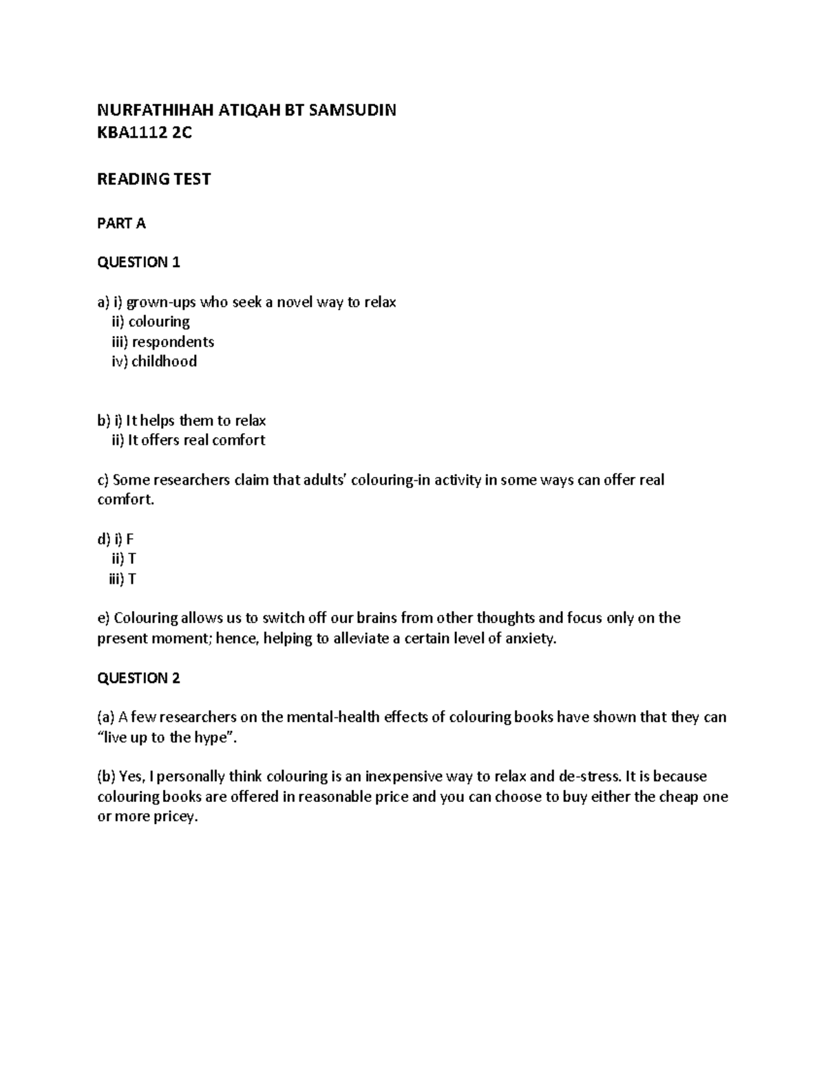 Answer Reading TEST Practice - SET 1 - NURFATHIHAH ATIQAH BT SAMSUDIN ...