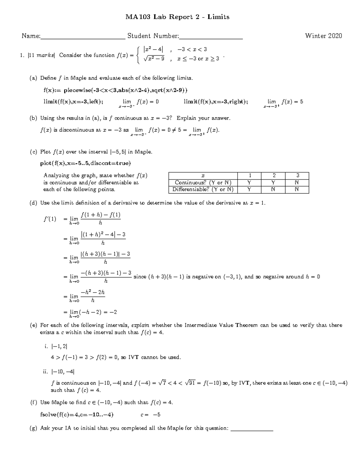 Ma103 Lab material For students - MA103 Lab Report 2 - Limits Name ...