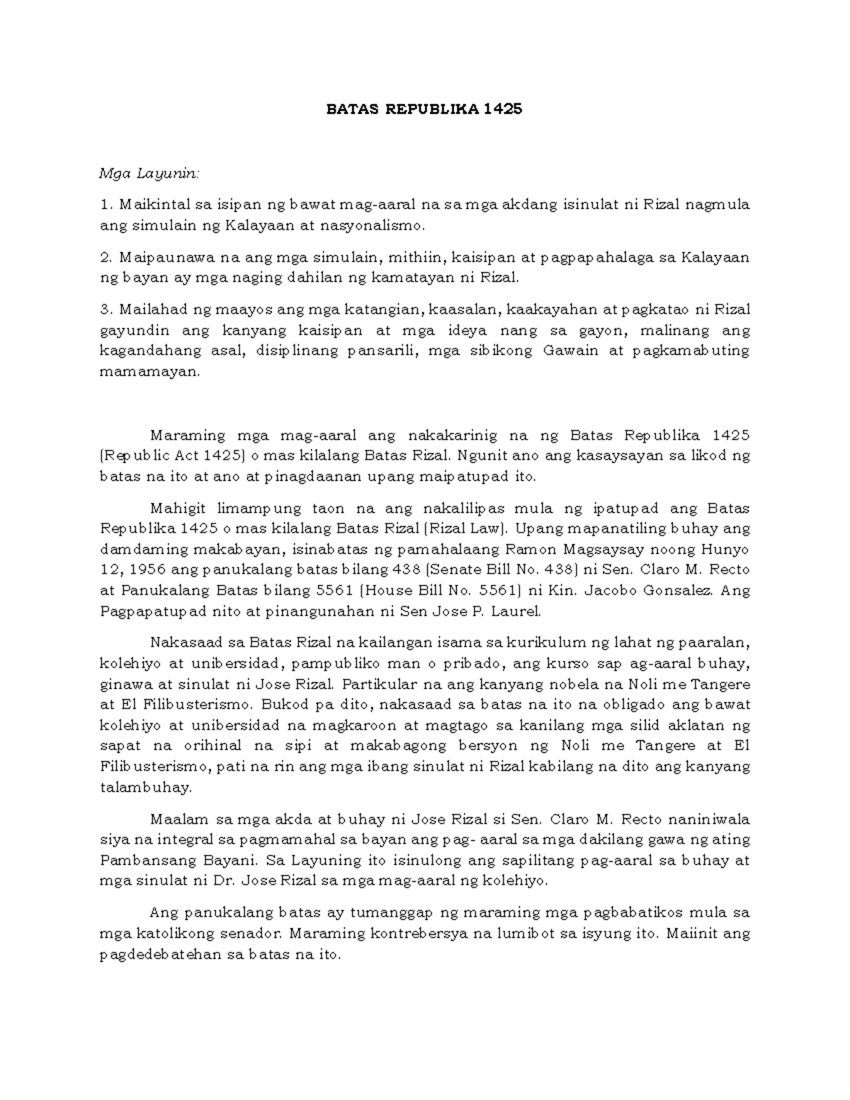 Batas Republika 1425 - PHILI 1100 - The Life and Works of Rizal - BATAS ...