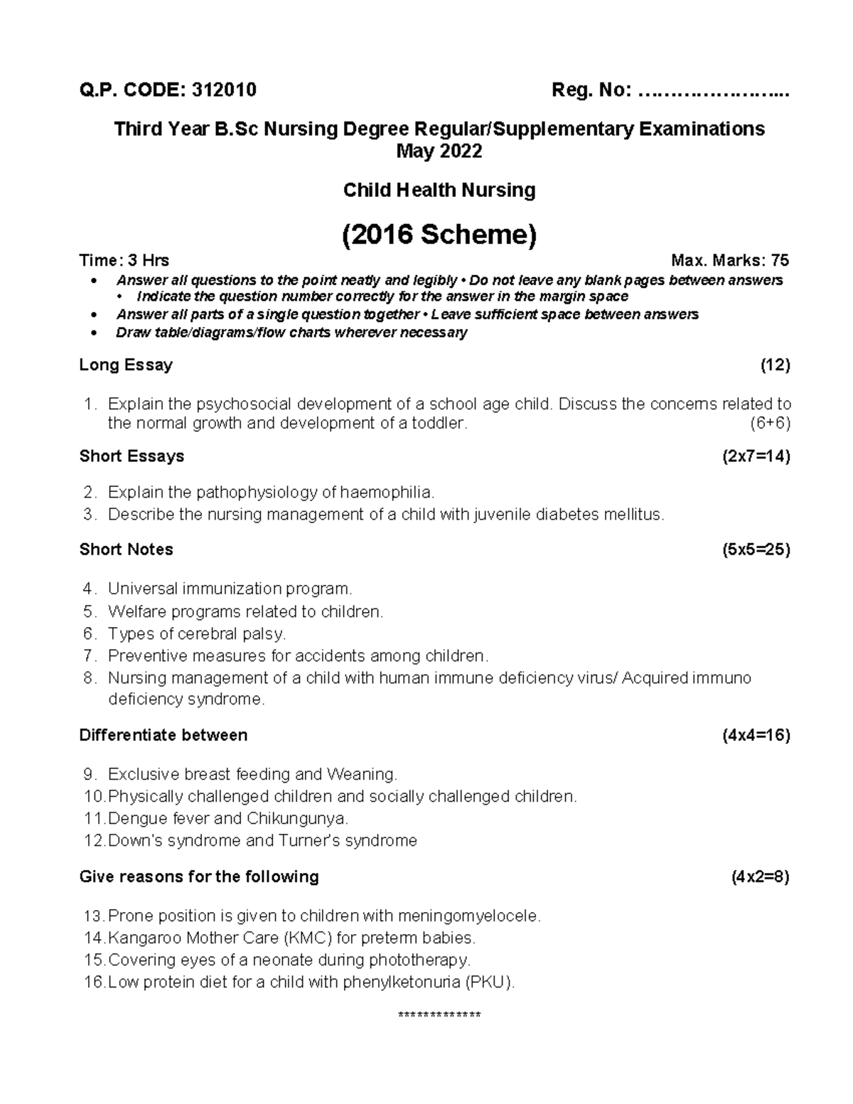 312010 - Previous Questions Third Year Bsc Nursing - Q. CODE: 312010 ...